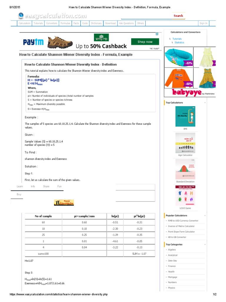 How to Calculate Shannon Wiener Diversity Index - Definition, Formula ...
