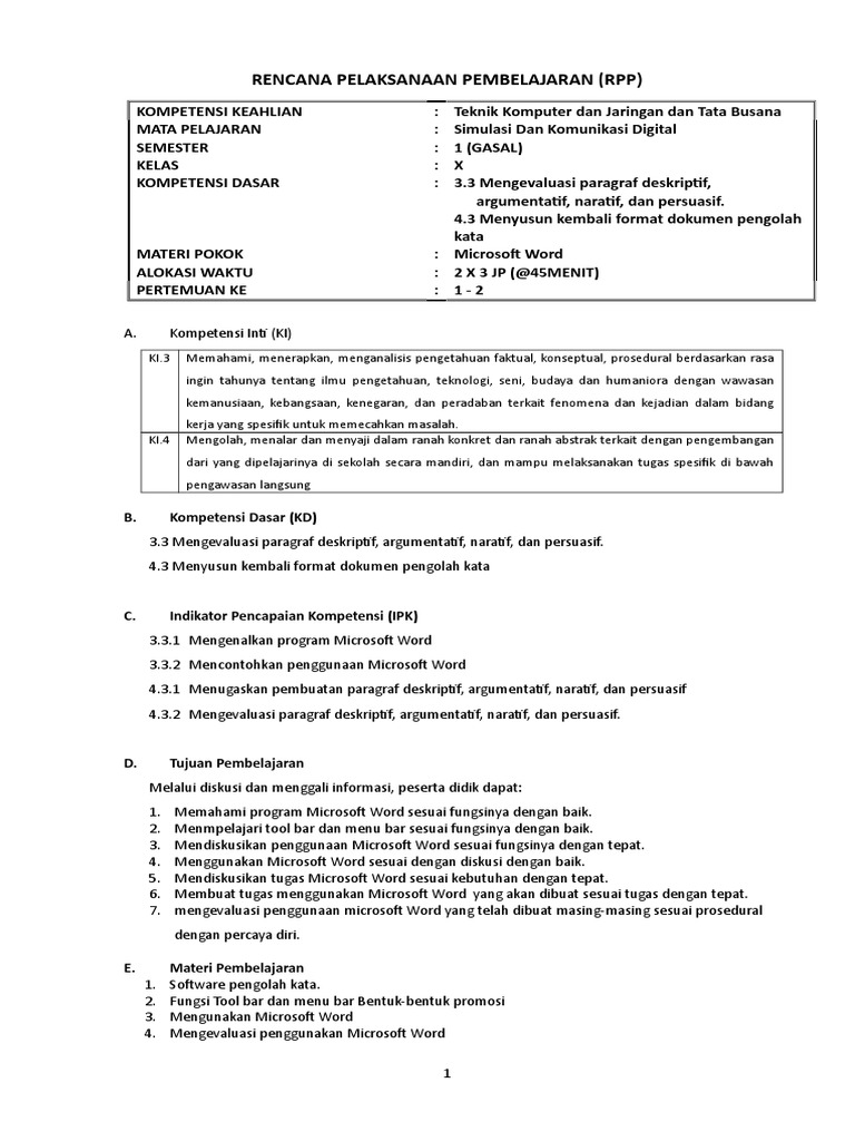 Contoh RPP KELAS X - Microsoft Word | PDF