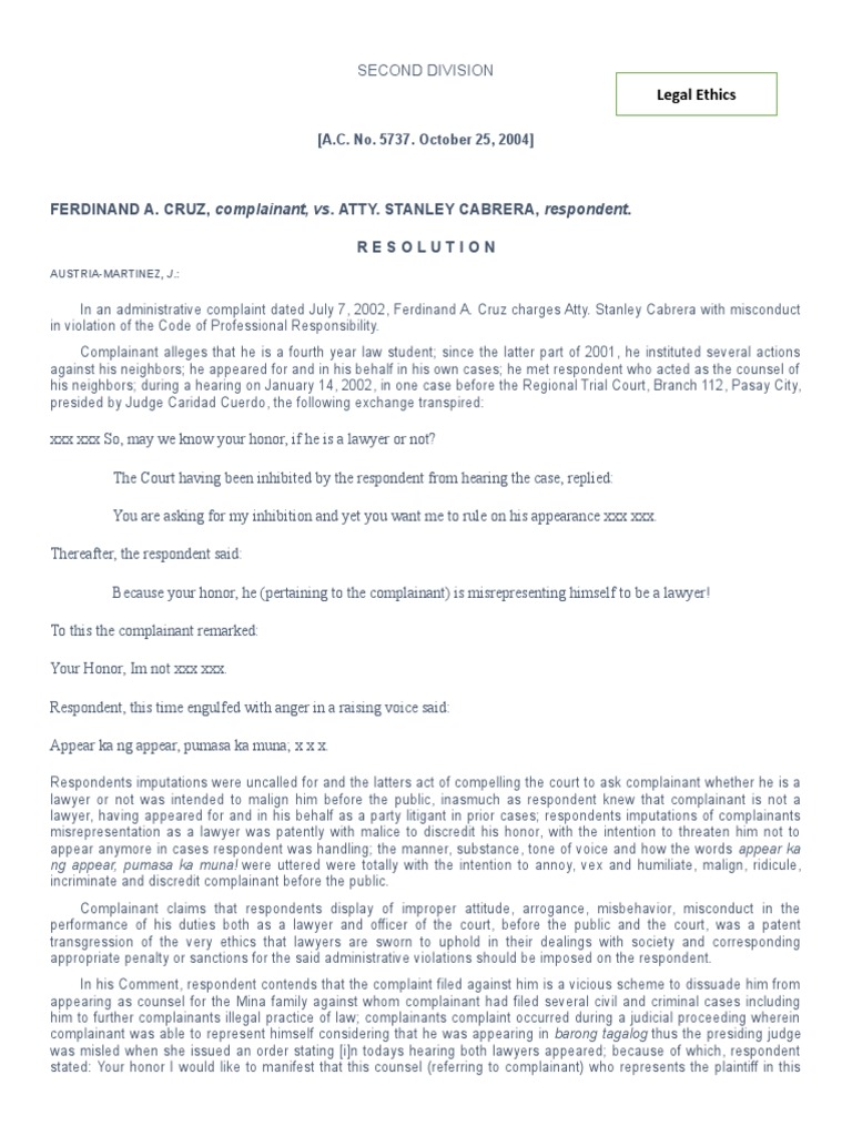 Cruz vs. Atty Cabrera AC 5737 | Download Free PDF | Lawyer | Lawsuit