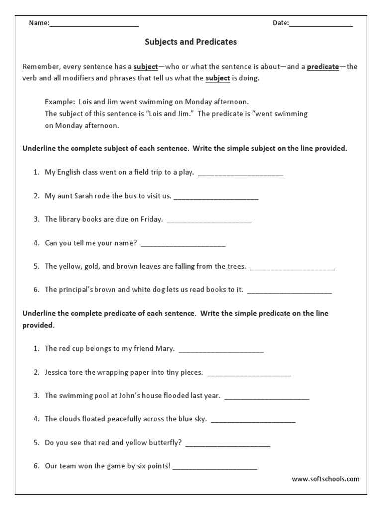 Subjects and Predicates 4th and 5th Grades Worksheet PDF | PDF ...