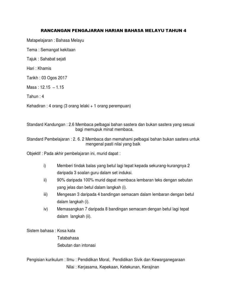 Rancangan Pengajaran Harian Bahasa Melayu Tahun 4 Edited | PDF