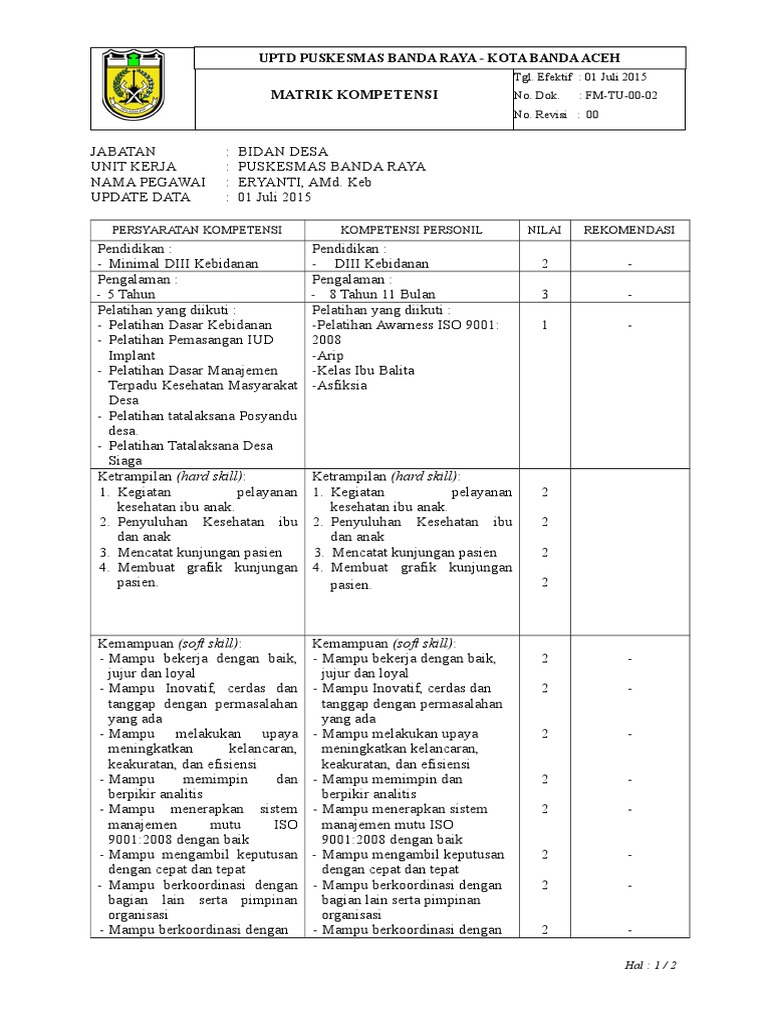 FM-TU-00-02. Matrik Kompetensi Bides Eryanti | PDF