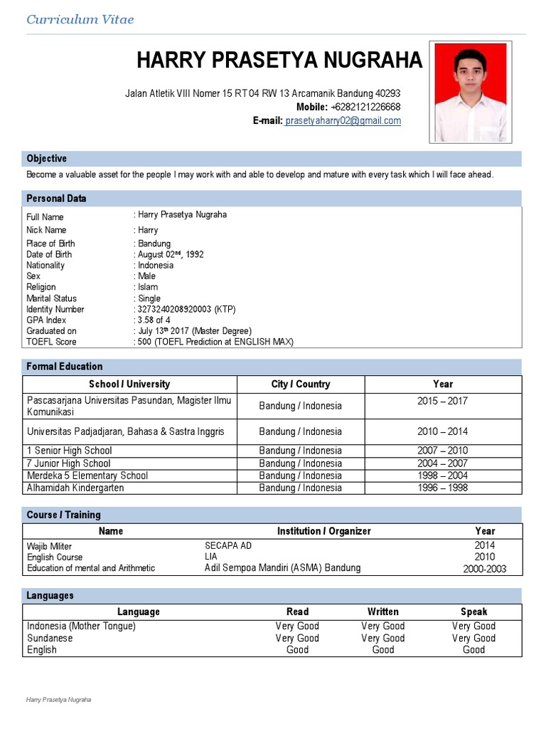 CV Harry Prasetya Nugraha | PDF | Behavior Modification | Learning