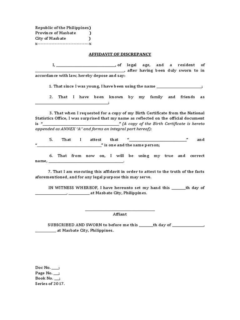 Affidavit of Discrepancy: Appended As ANNEX "A" and Forms An Integral ...