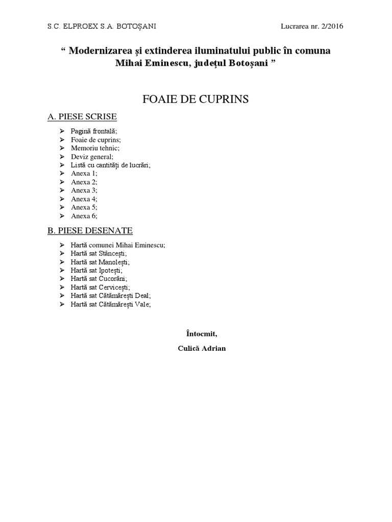 Foaie de Cuprins | PDF
