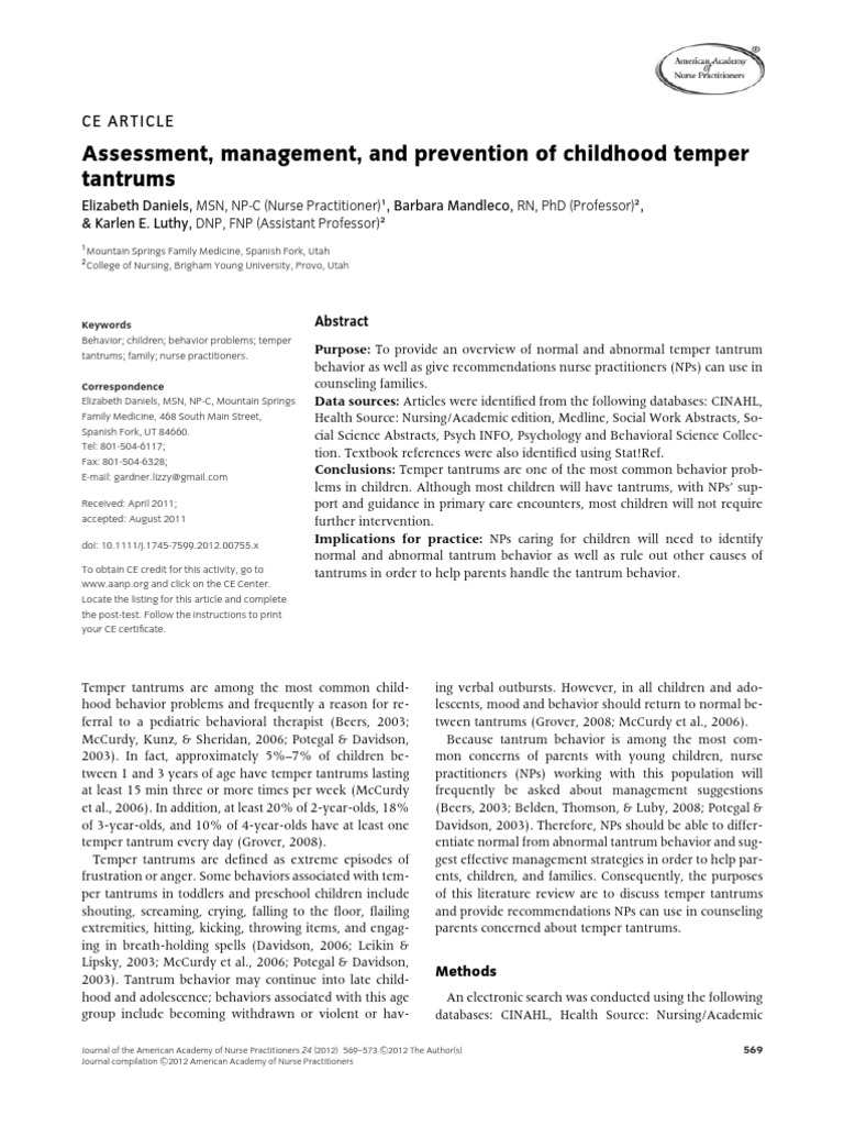 Assessment, Management and Prevention of Childhood Temper Tantrum PDF ...
