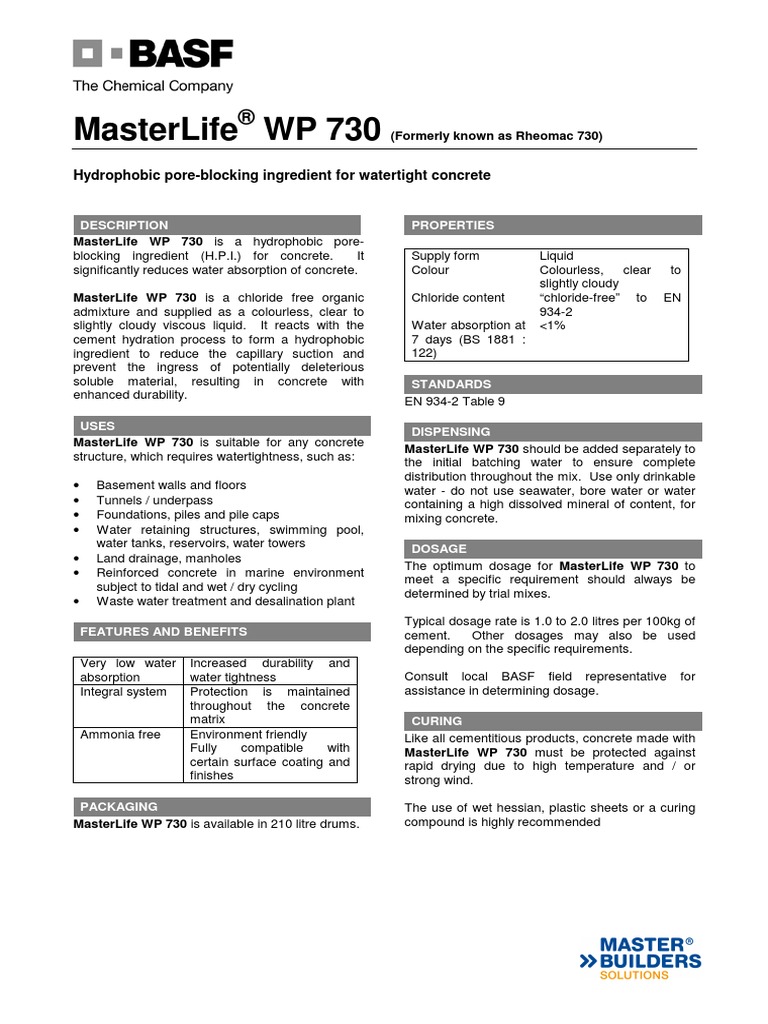 TDS-MasterLife WP730 (Rheomac730) | PDF | Concrete | Water