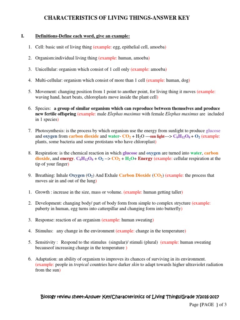 Characteristics Of Living Things Worksheet Answer