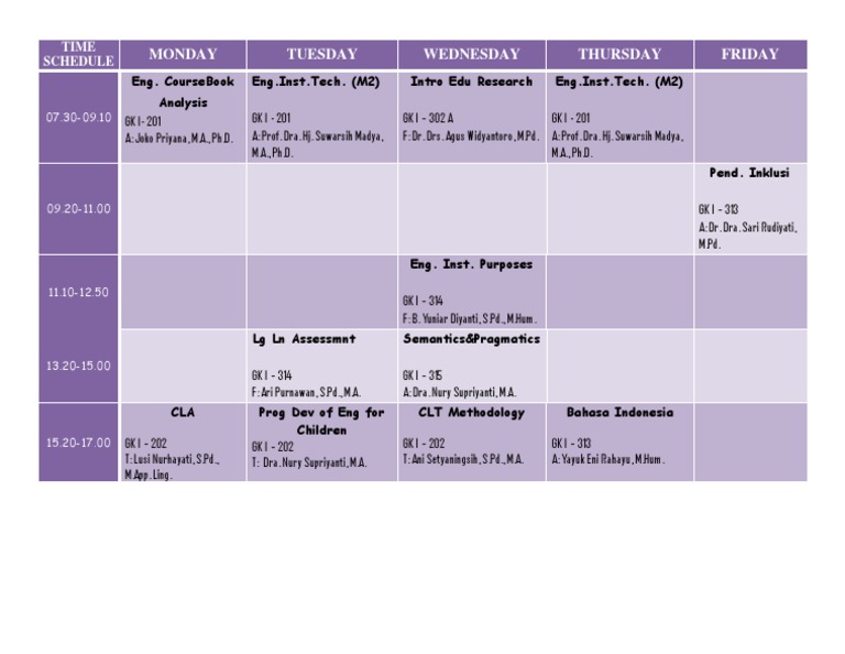 University Course Schedule for the Week Detailing Class Times and ...