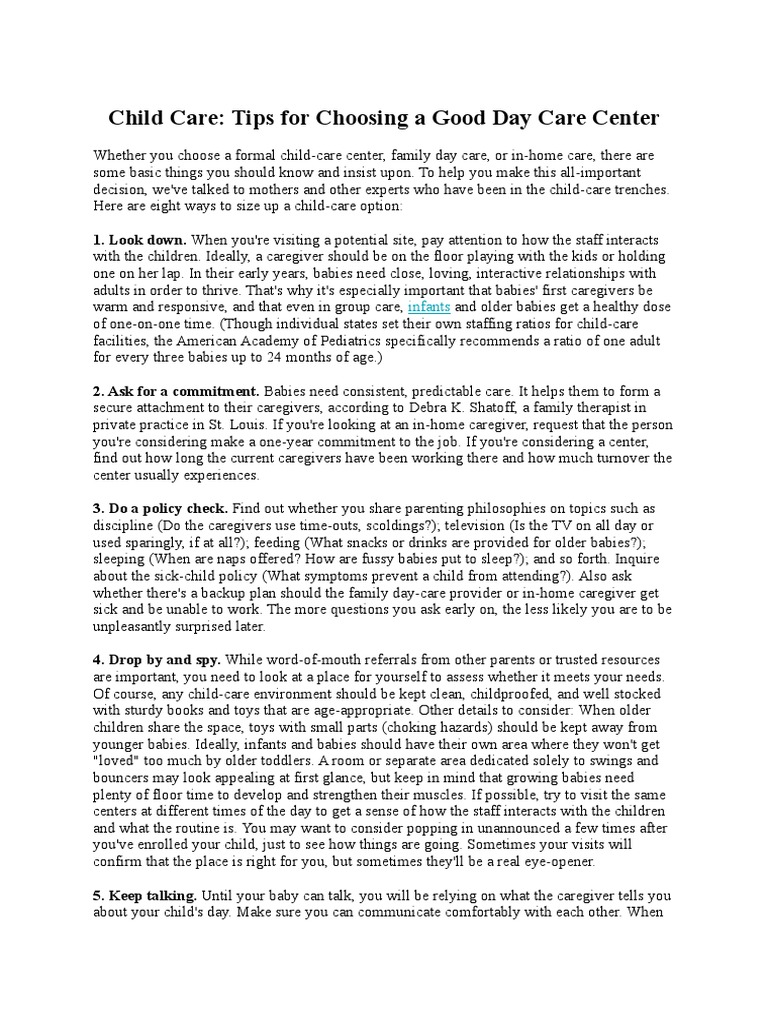 Child Care: Tips For Choosing A Good Day Care Center: Infants | PDF ...