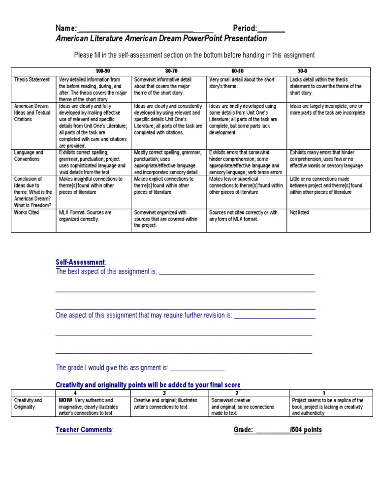 American Dream Rubric | PDF | Citation | Reading Comprehension