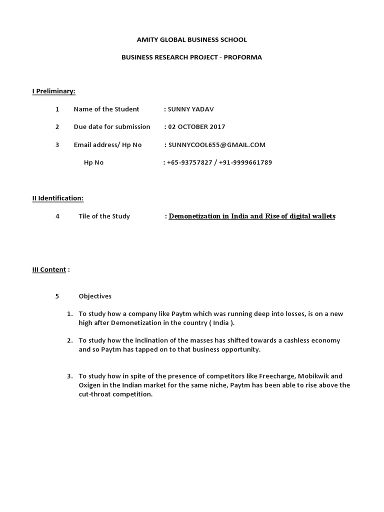 Amity Global Business School Business Research Project - Proforma | PDF