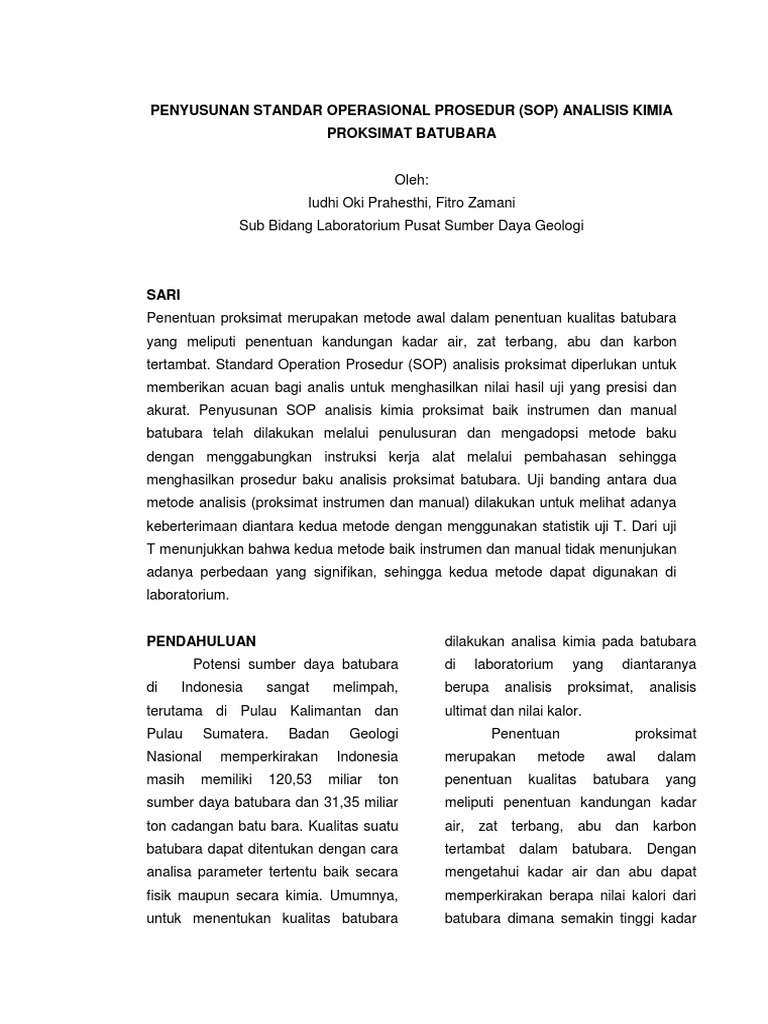 Penyusunan Standar Operasional Prosedur (Sop) Analisis Kimia Proksimat Batubara PDF | PDF