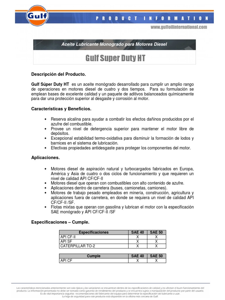 Aceite Gulf Super Duty HT para Diesel | PDF | Lubricante | Motor diesel