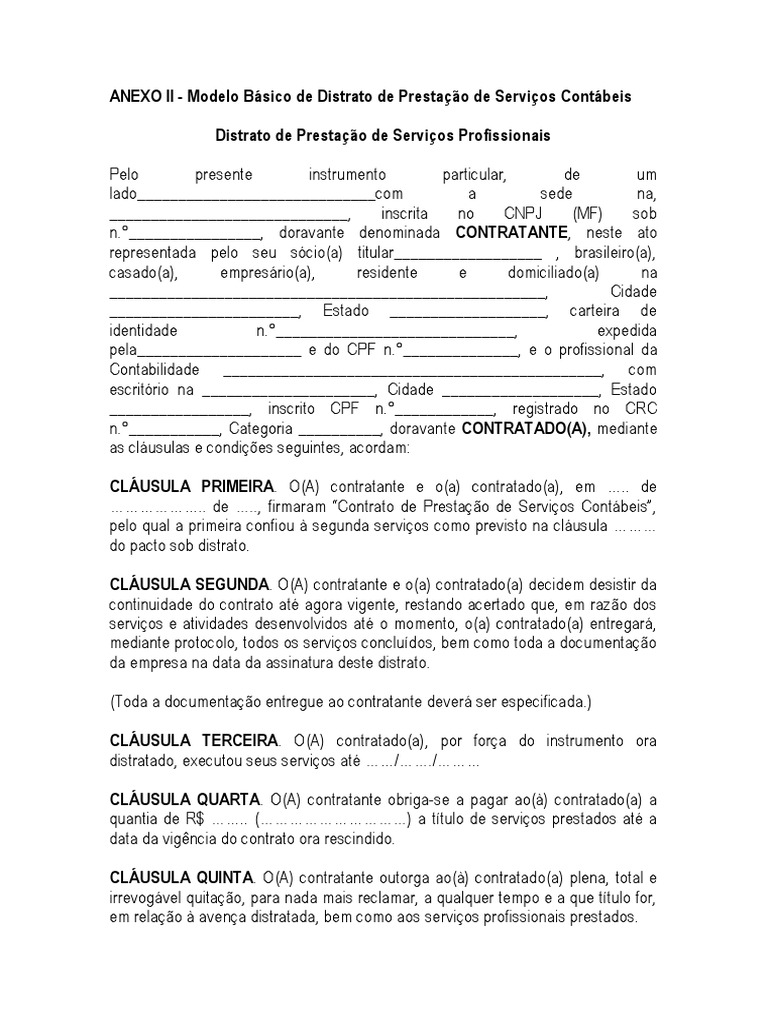 ANEXO II - Modelo Basico de Distrato de Prestacao de Servicos Contabeis | PDF | Contabilidade ...