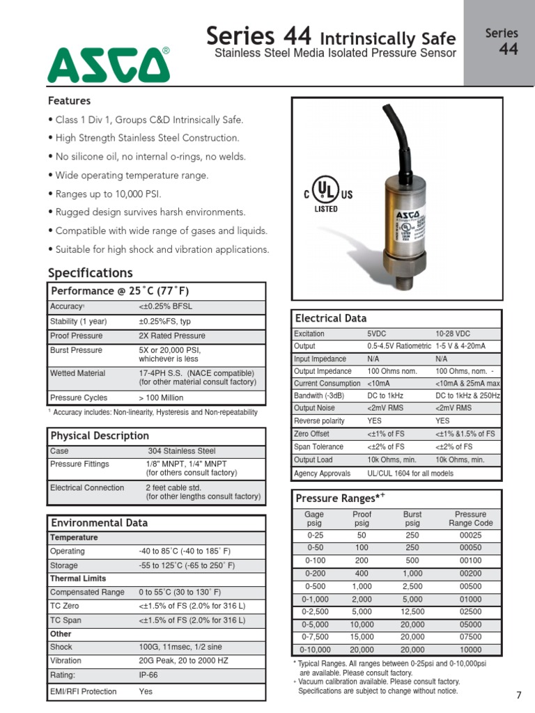 Asco Series 44 Pressure Sensor Catalog | PDF | Electrical Wiring | Pressure