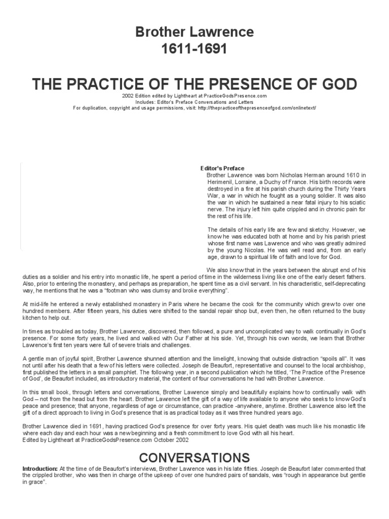Brother Lawrence Practicing The Presence of God 1611-1691 | PDF | Love | Love Of God