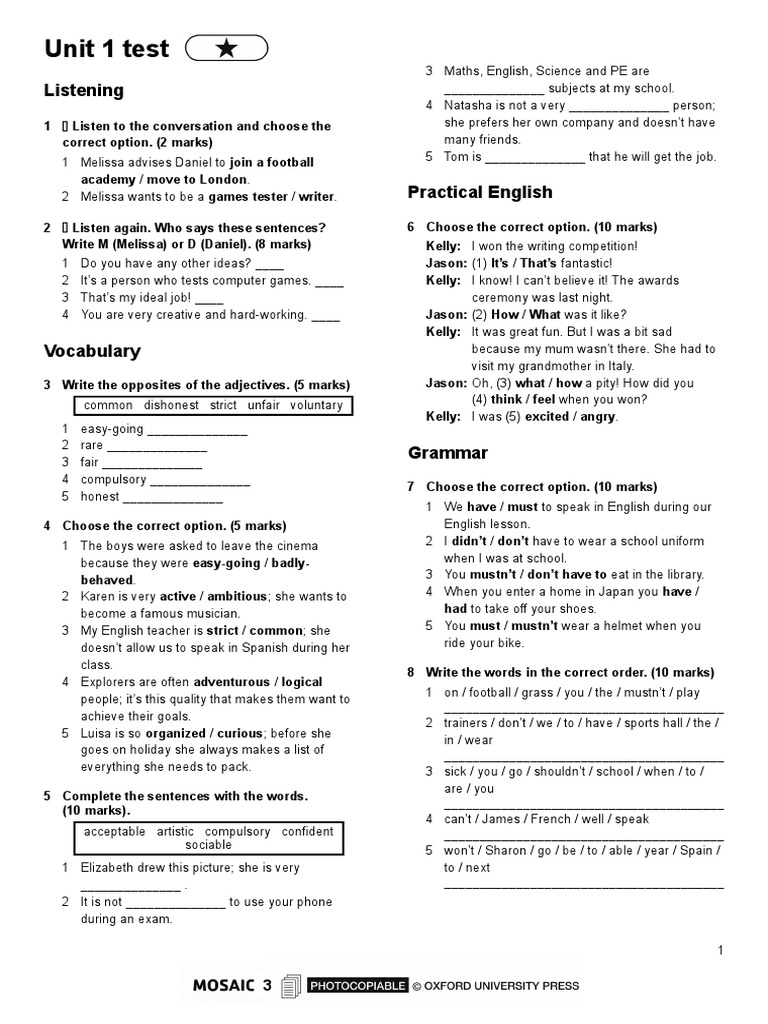 Oxford 3º Mosaic Test 1 Star | PDF | English Language | Languages
