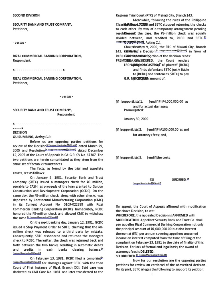 Security Bank v. RCBC | PDF | Cheque | Damages