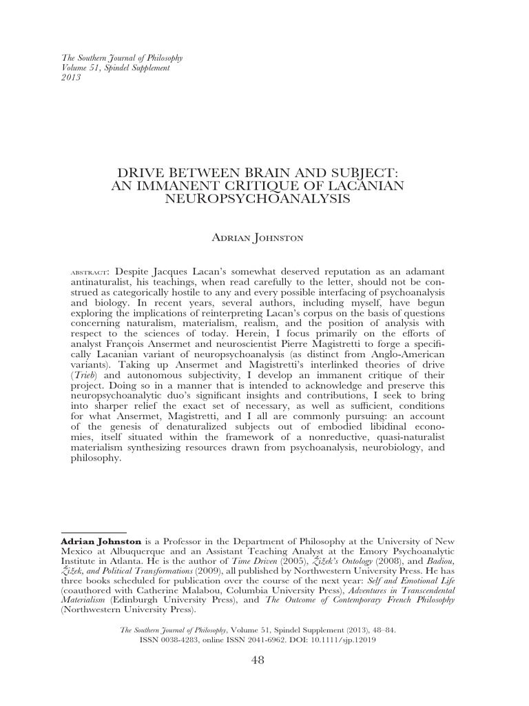 Drive Between Brain and Subject: An Immanent Critique of Lacanian Neuropsychoanalysis - Adrian ...