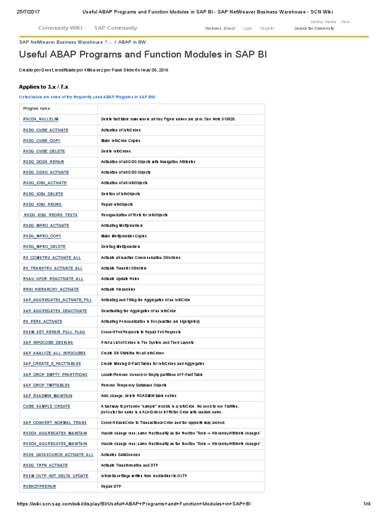Useful ABAP Programs and Function Modules in SAP BI - SAP NetWeaver Business Warehouse - SCN ...