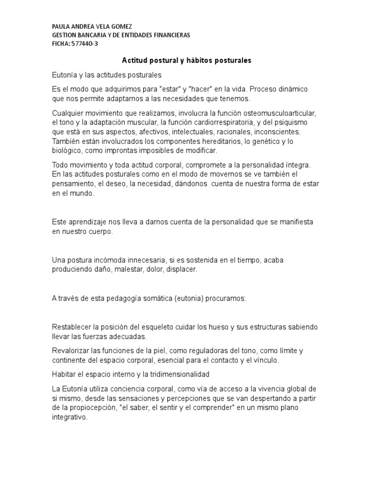 Actitud Postural y Hábitos Posturales - PAULA VELA | PDF | Dolor | Psique (psicología)