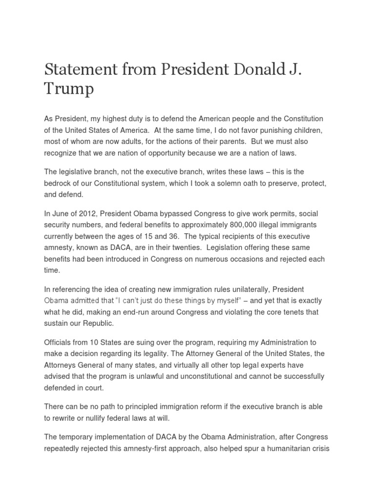 Statement From President Donald J Trump | PDF | Illegal Immigration To ...