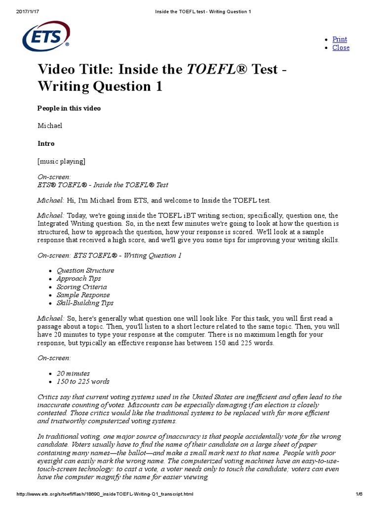 Video Title: Inside The TOEFL® Test Writing Question 1: Print Close ...