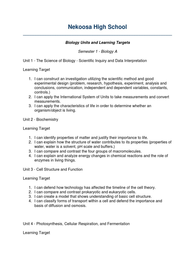 High School Biology Learning Targets | PDF | Cell (Biology) | Organisms