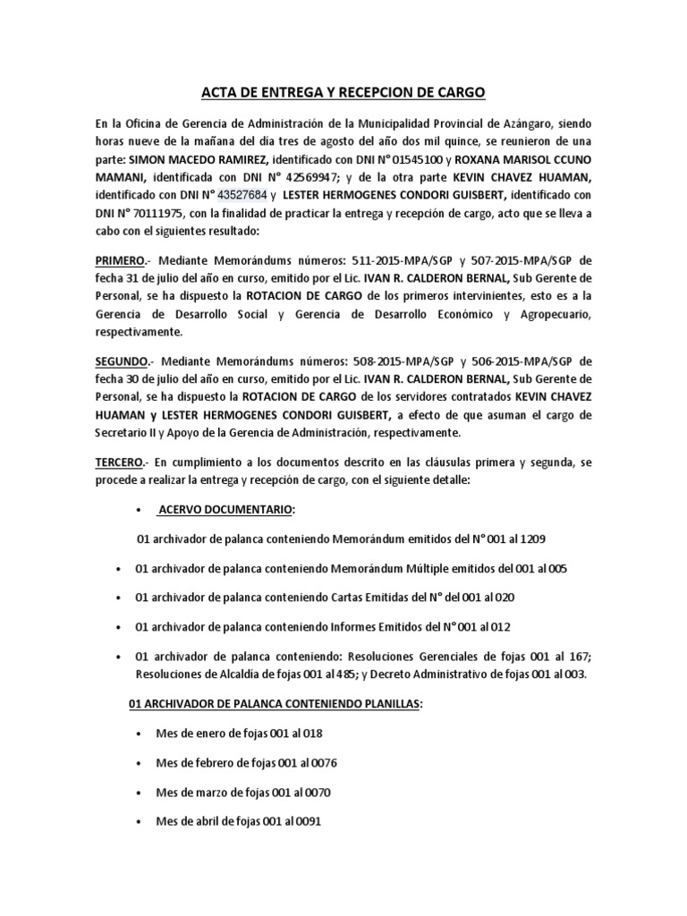 Acta de Entrega y Recepcion de Cargo | PDF | Hogar, jardinería y bricolaje
