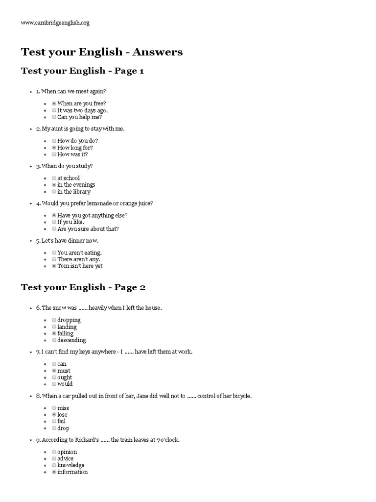 Test Your English - Answers | PDF