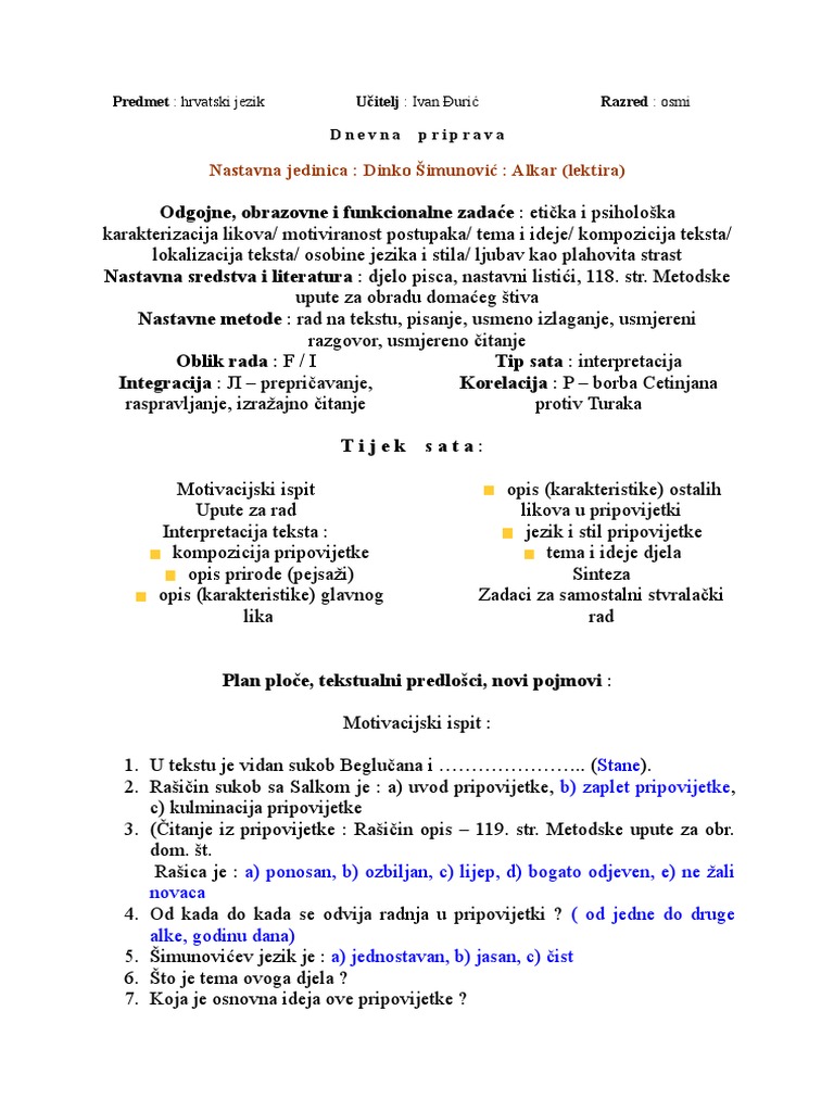 Dinko Šimunović Alkar Lektira 8 R | PDF