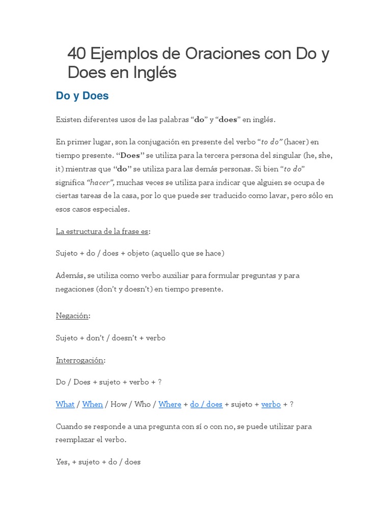40 Ejemplos de Oraciones Con Do y Does en Inglés | PDF ...