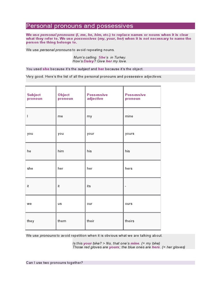 Personal Pronouns and Possessives | PDF | Pronoun | Noun