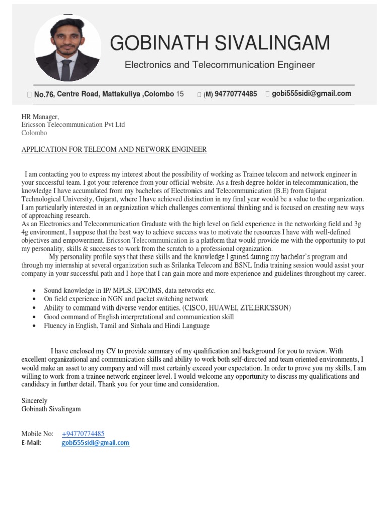 Cover Letter S.gobinath (Ericsson) PDF | PDF | Computer Network ...