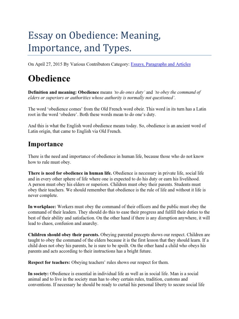 Essay On Obedience | PDF | Obedience (Human Behavior) | Norm (Social)