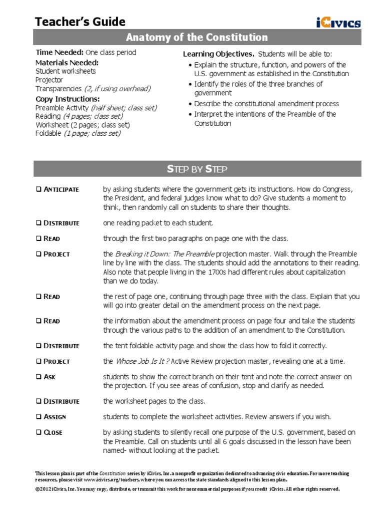 Anatomy of Constitution Lesson | PDF | Article Two Of The United States ...