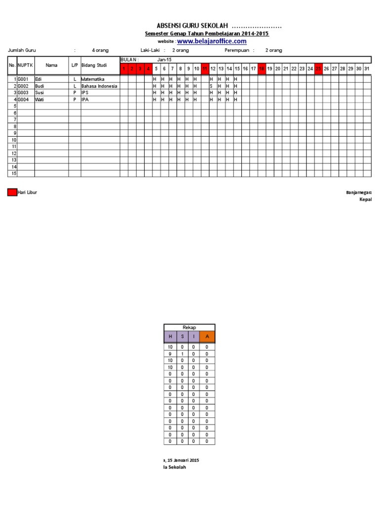Format Absensi Guru Excel | PDF