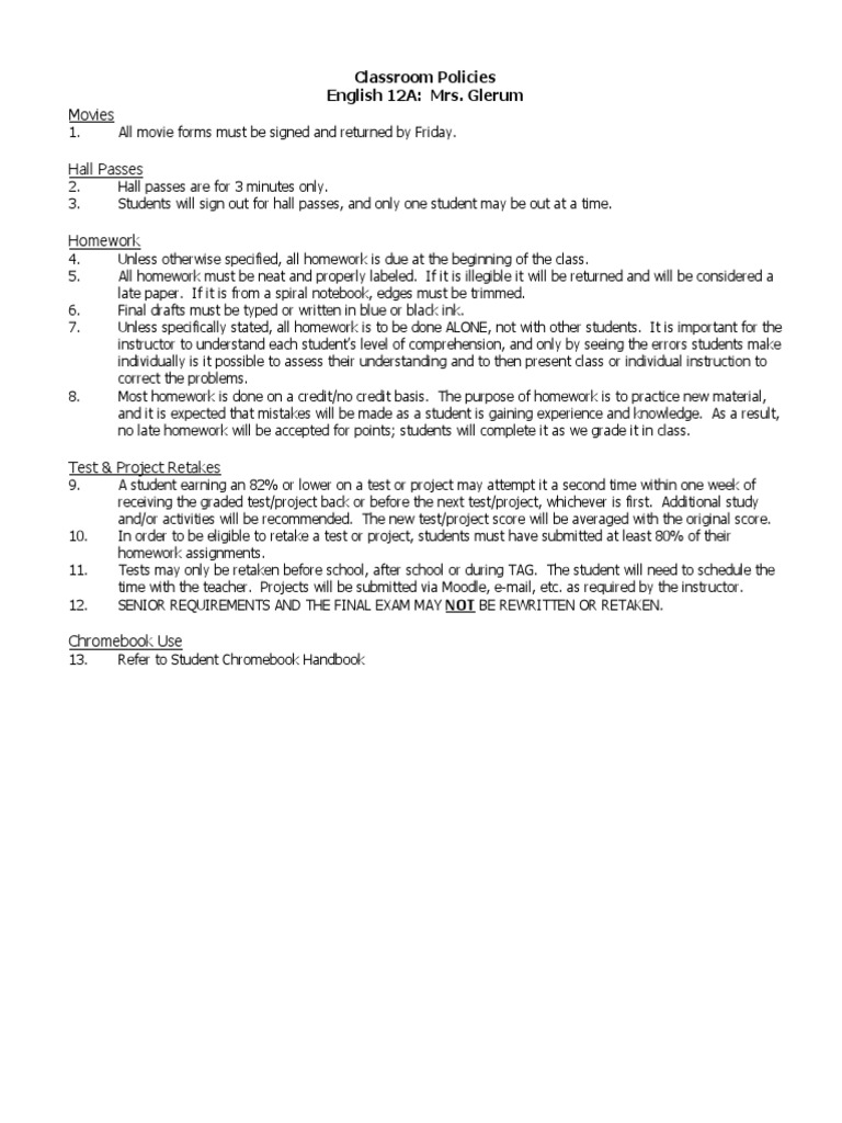 Eng12a Classpolicies17 18 | PDF | Homework | Test (Assessment)