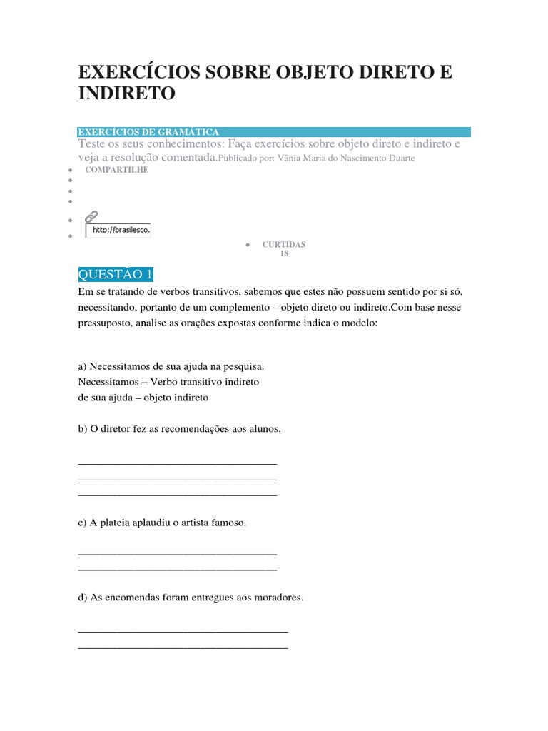 Exercícios Sobre Objeto Direto e Indireto | PDF | Objeto (gramática) | Assunto (gramática)