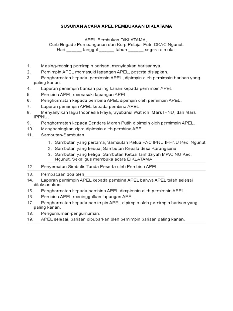Susunan Acara Apel Pembukaan Diklatama | PDF