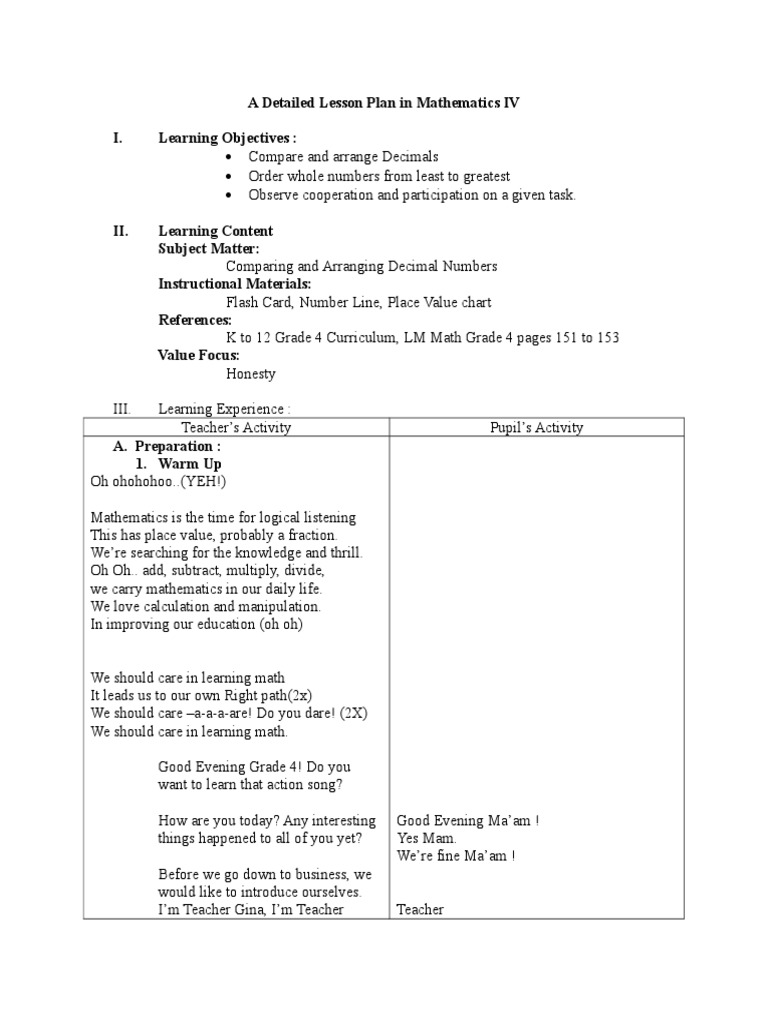 A Detailed Lesson Plan in Mathematics IV | PDF | Teaching Mathematics ...