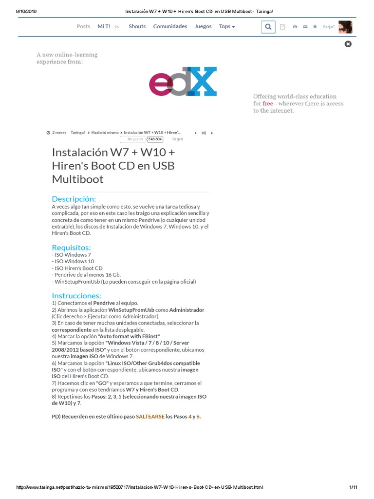 Instalación W7 + W10 + Hiren's Boot CD en USB Multiboot - Taringa! | PDF | Windows 10 | Memoria USB