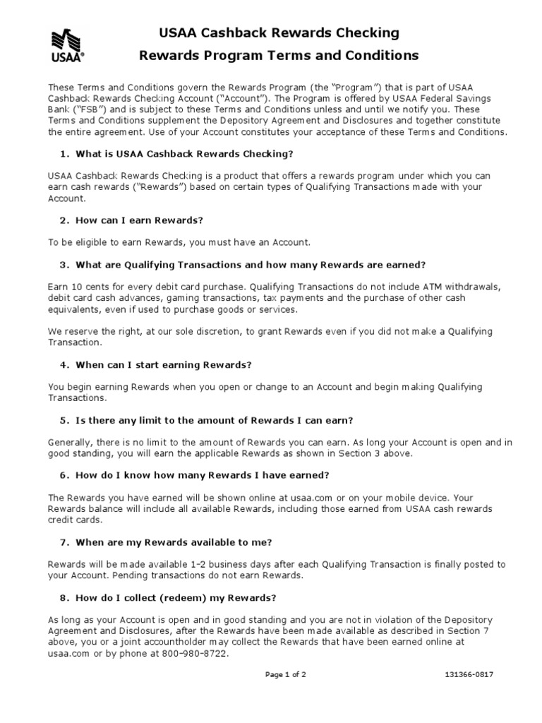 USAA Cashback Rewards Checking Rewards Program Terms and Conditions ...