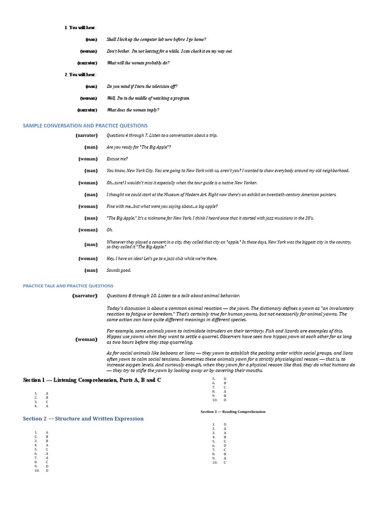 Toefl Mock Test Answer Sheet | PDF