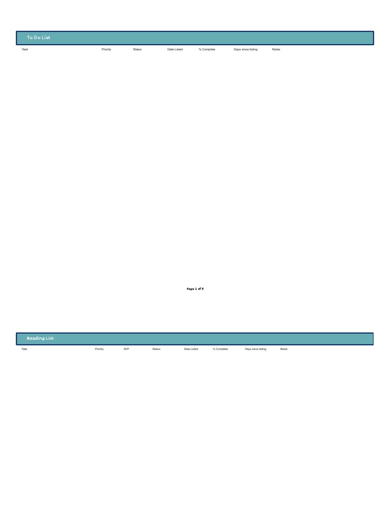 To Do List: Task Priority Status Date Listed % Complete Days Since ...