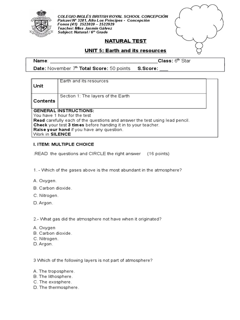 6th Grade Natural Science Test | PDF | Atmosphere Of Earth | Atmosphere