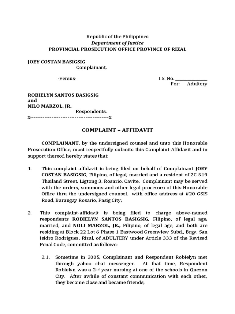 Complaint For Adultery Joey Costan Basigsig | PDF | Adultery | Government