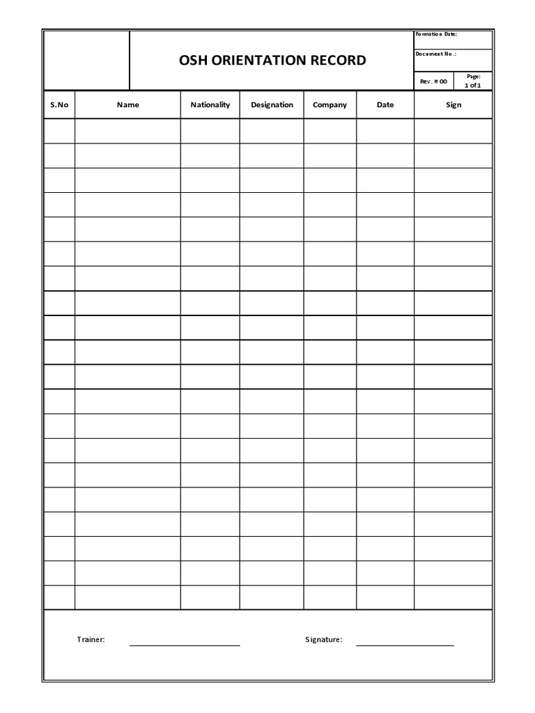 Osh Orientation Record: S.No Designation Company Date Sign Name ...