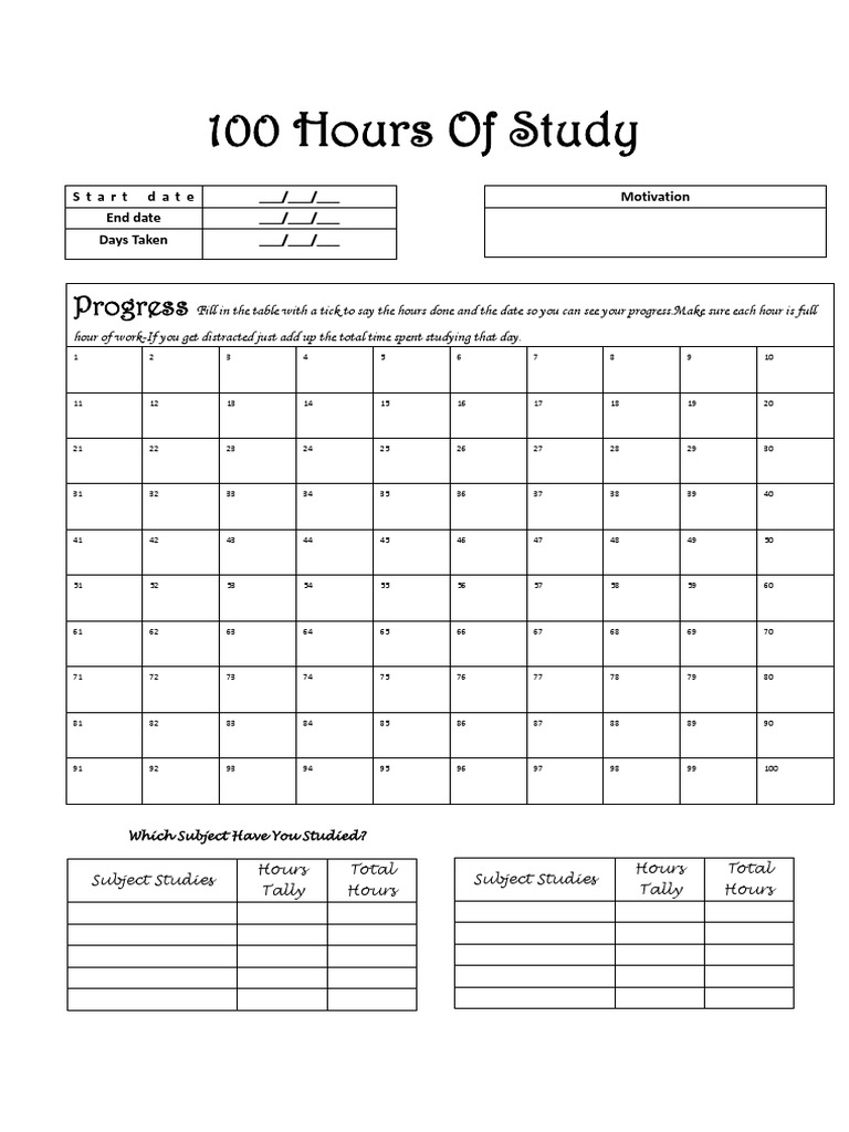 100-Hour Study Progress Tracker | PDF